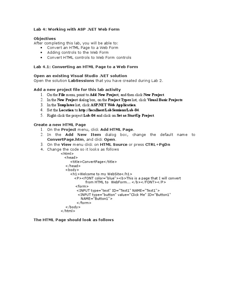 Lab 4: Working With ASP .NET Web Form Objectives After | PDF | Html ...
