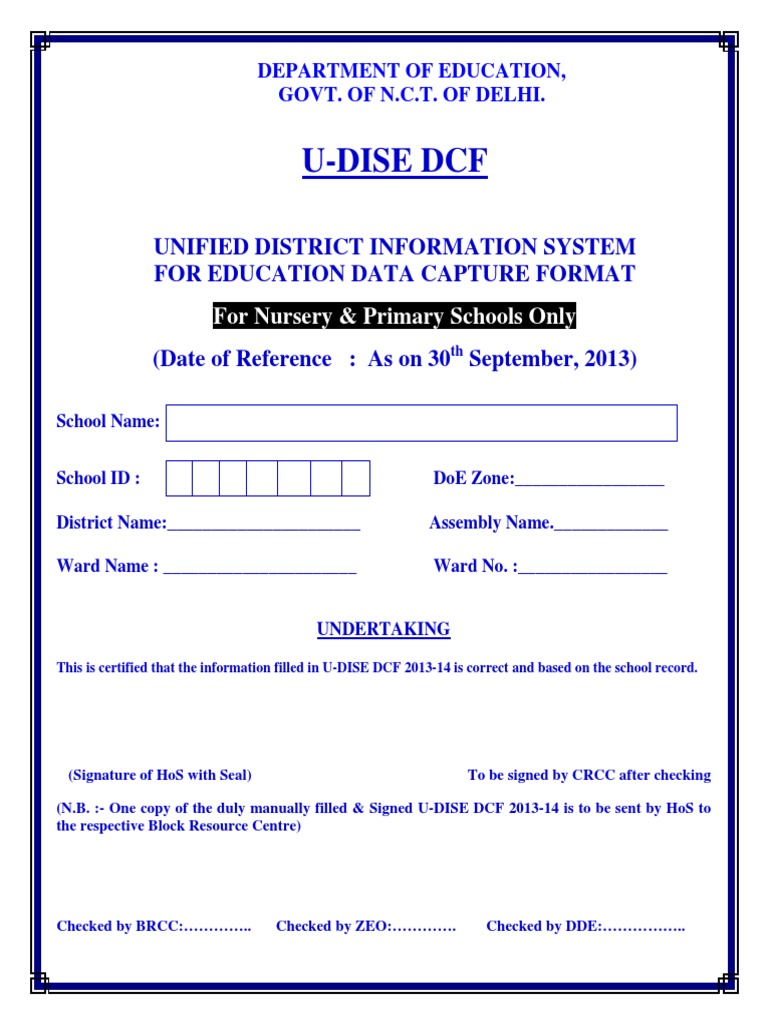 U-Dise DCF: Unified District Information System For Education Data ...