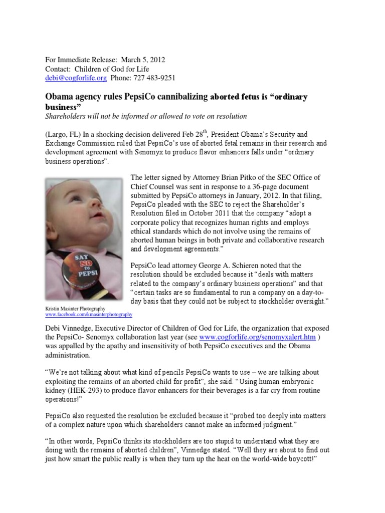 Obama Agency Rules Pepsico Cannibalizing Aborted Fetus Is "Ordinary ...