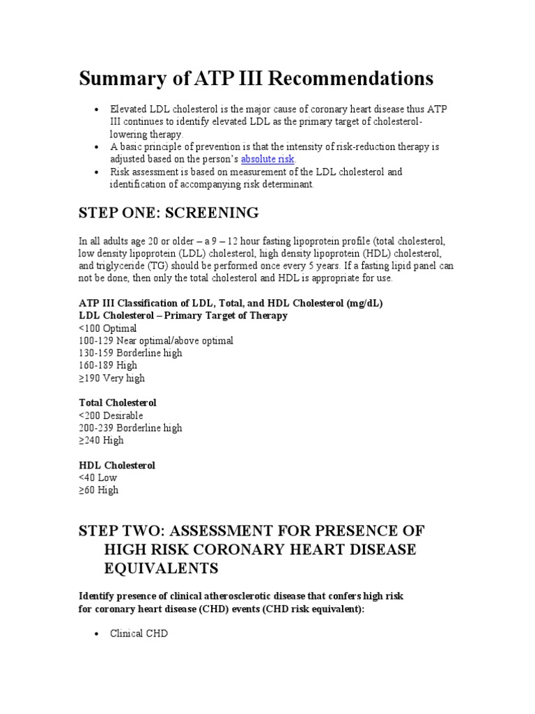 Summary of ATP III Recommendations | PDF | Cholesterol | Low Density ...