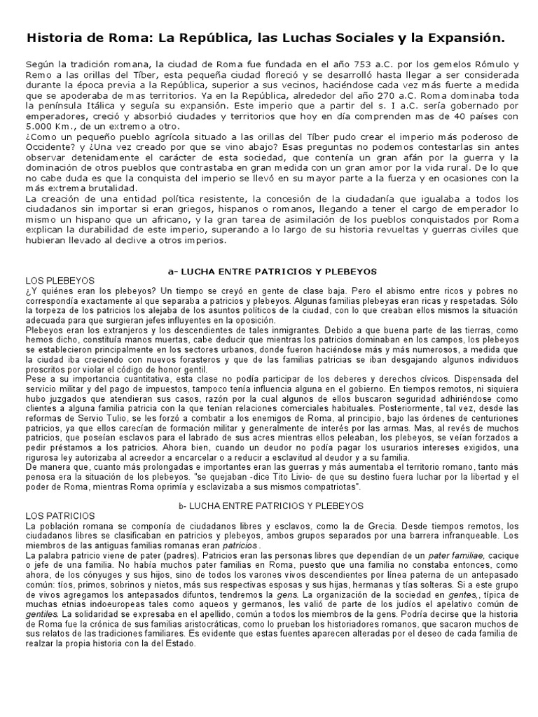 Historia de Roma Patricios Con Plebeyos | PDF | Roma antigua | Ley romana