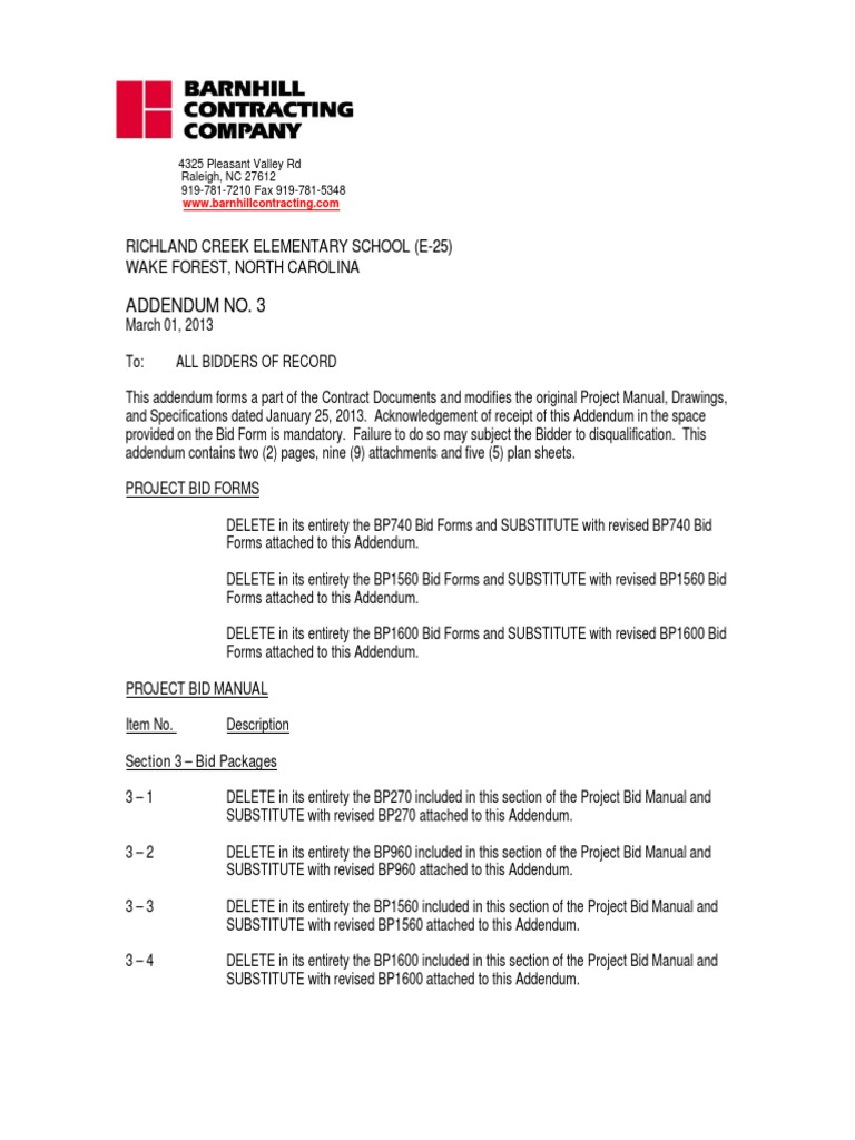Addendum No. 3: Richland Creek Elementary School (E-25) Wake Forest ...