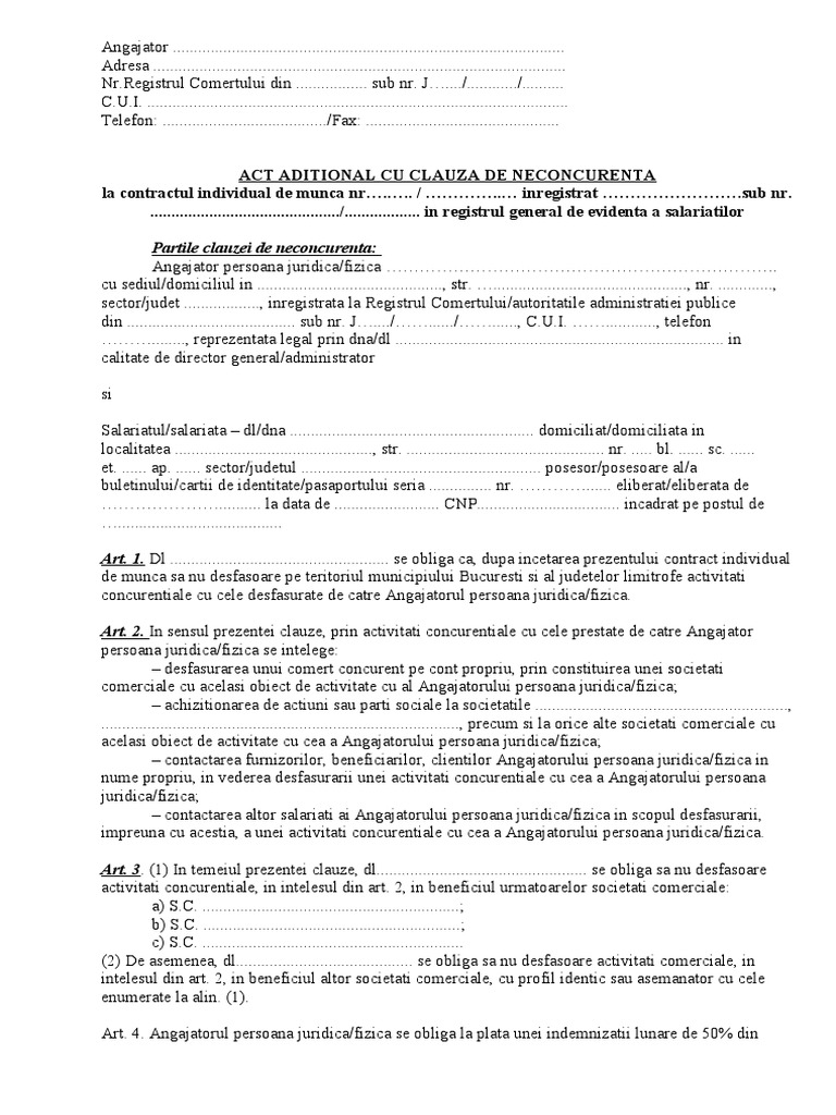 Act Aditional Cu Clauza de Neconcurenta - Model | PDF