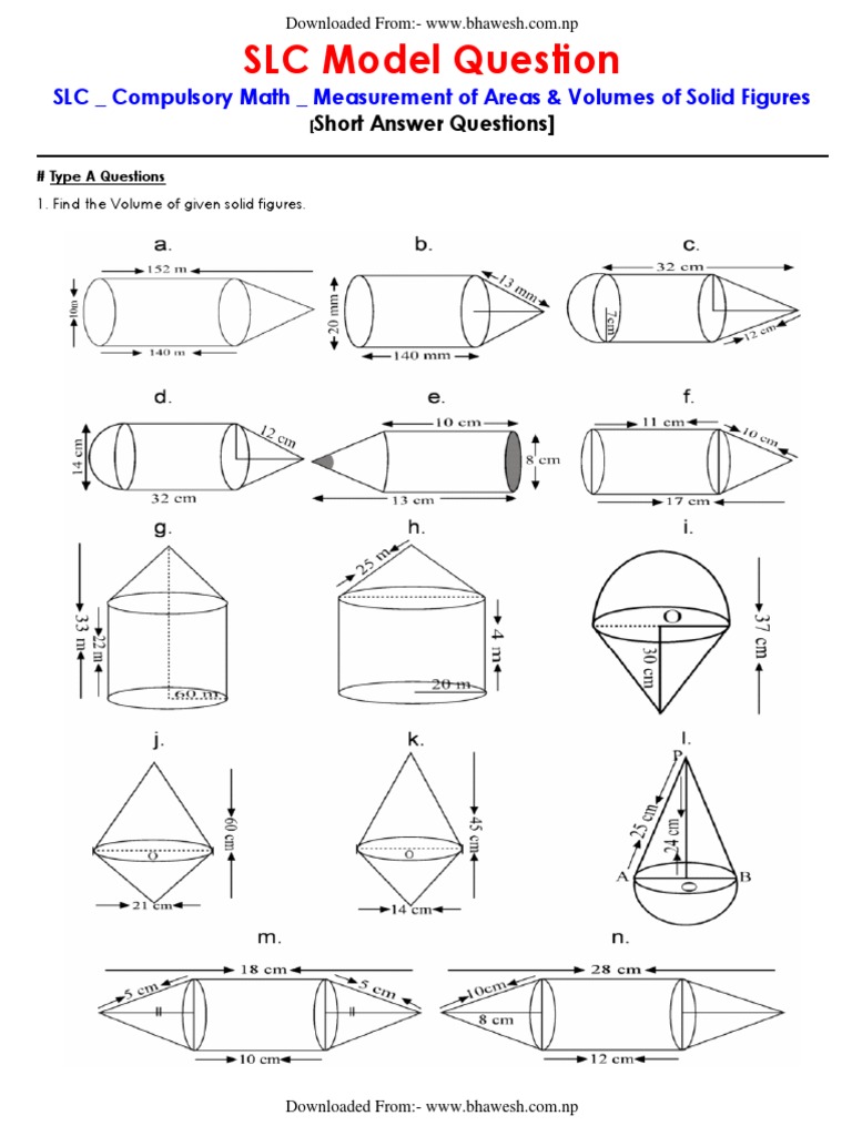 SLC Math: Areas & Volumes Questions | PDF | Sphere | Volume