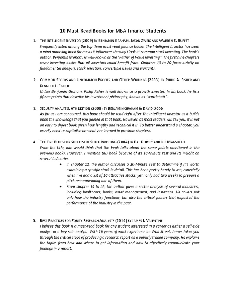 10 Must-Read Books For MBA Finance Students | PDF | Benjamin Graham ...