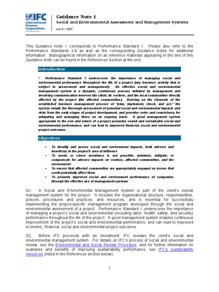 IFC's Guidance Note 1: Social and Environmental Assessment and ...