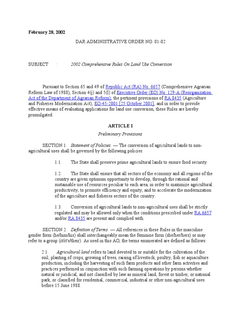 Dar Administrative Order No. 01-02 | PDF | Feasibility Study | Agriculture
