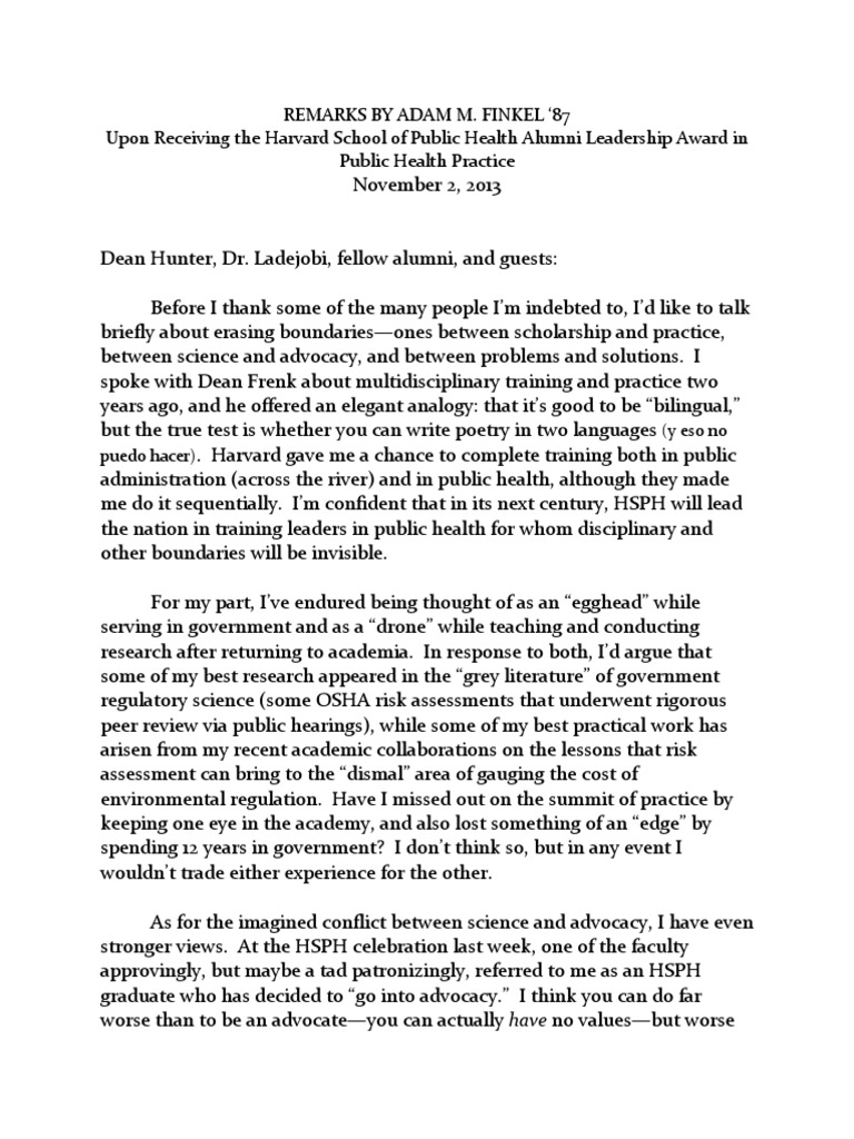 Adam Finkel Remarks: Harvard School of Public Health Alumni Leadership ...