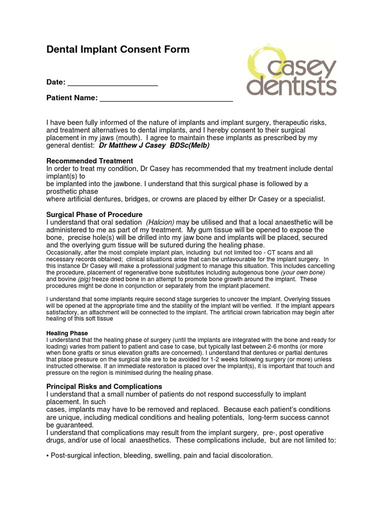 Dental Implant Surgery Consent Form | PDF | Dental Implant | Surgery