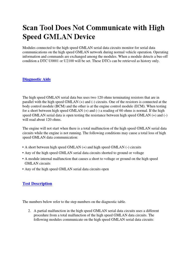 Scan Tool Does Not Communicate With High Speed GMLAN Device | PDF ...
