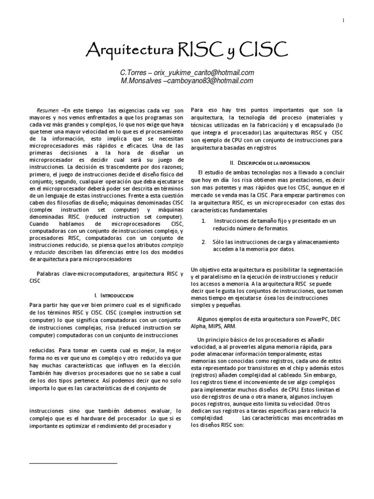 Arquitectura Risc Y Cisc Pdf Ingeniería Informática Clases De