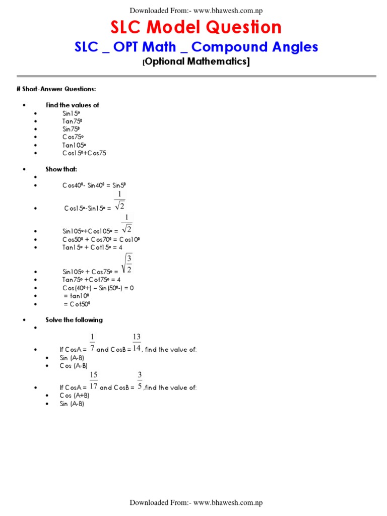 SLC - OPT Math - Compound Angles | PDF