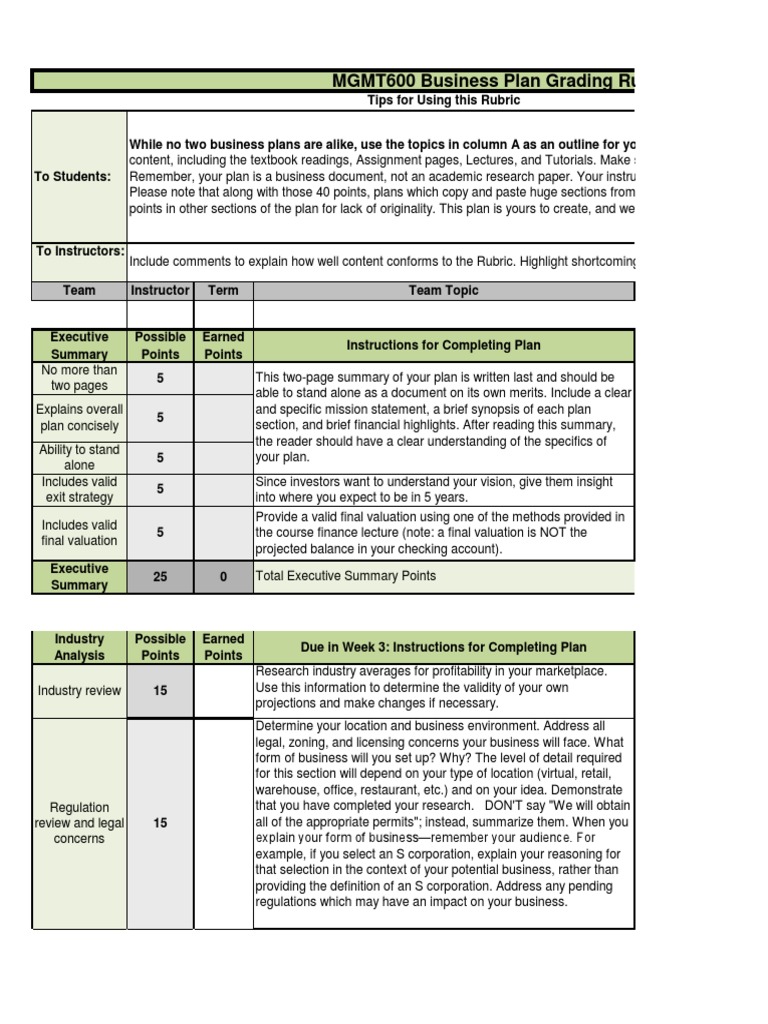 MGMT600 Final Business Plan Grading Rubric 4.2 | PDF | Startup Company ...
