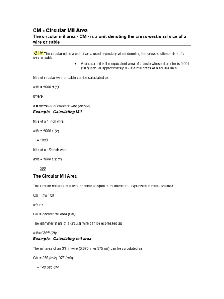 CM - Circular Mil Area: The Circular Mil Area - CM - Is A Unit Denoting ...