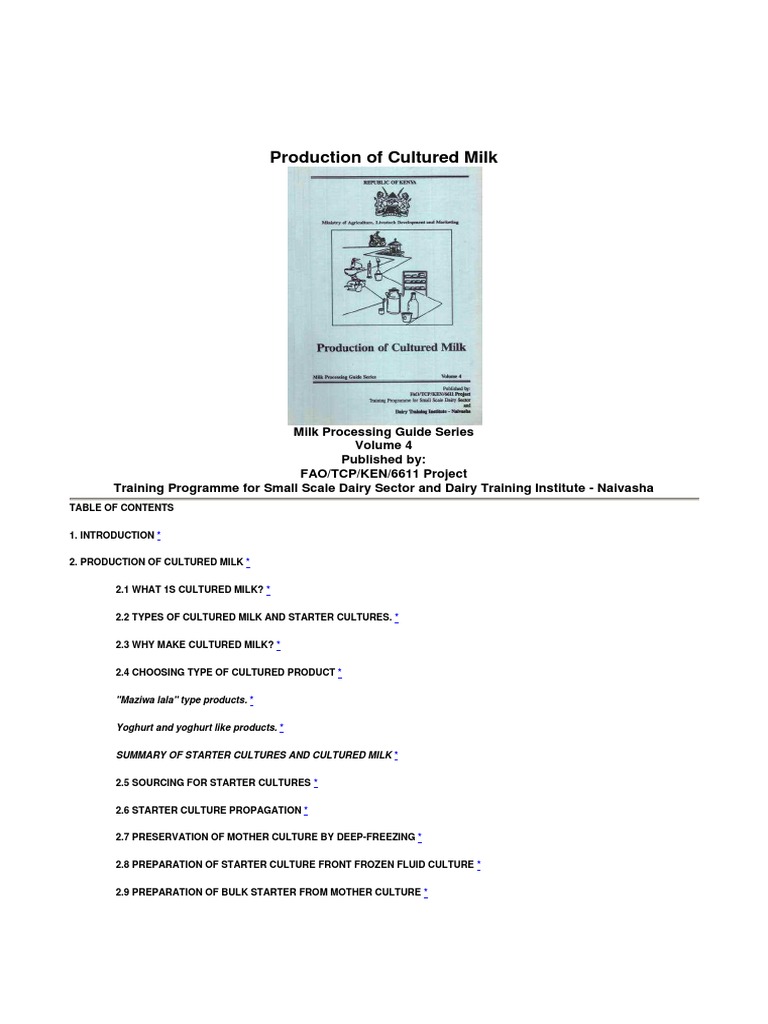 Production of Cultured Milk by FAO | PDF | Yogurt | Milk