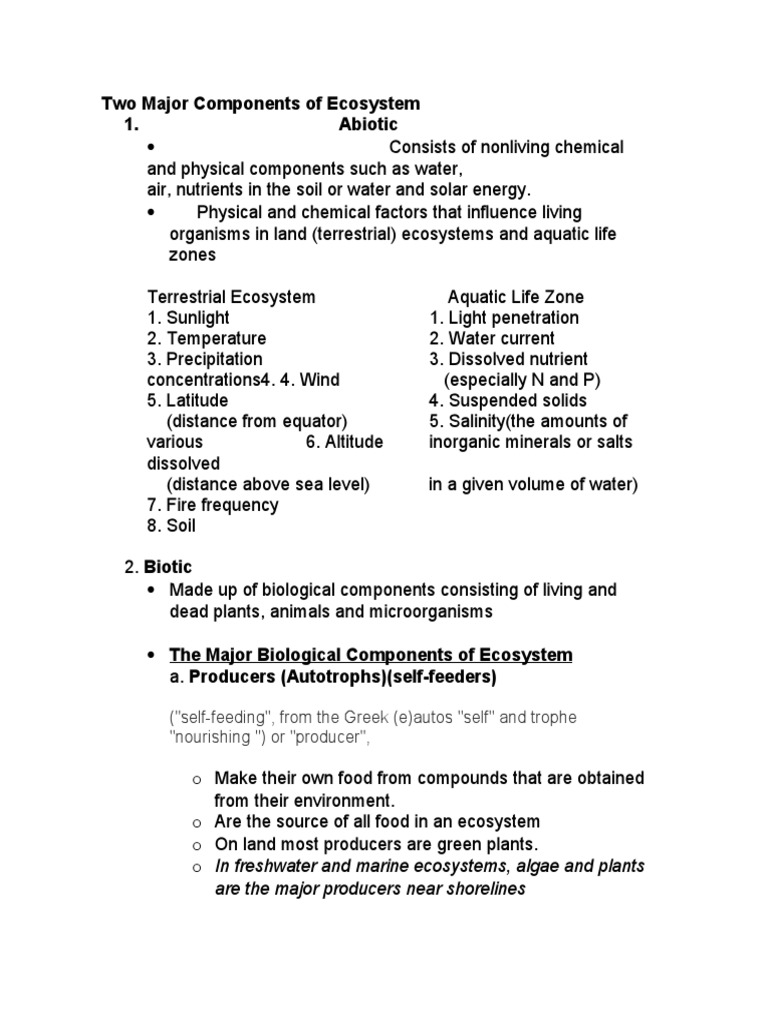 Two Major Components of Ecosystem 1. Abiotic Consists of Nonliving ...