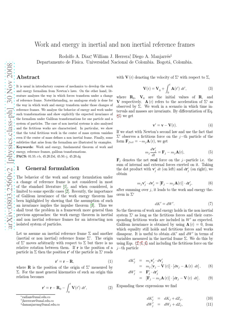 Work and Energy in Inertial and Non Inertial Reference Frames | PDF | Force | Mass