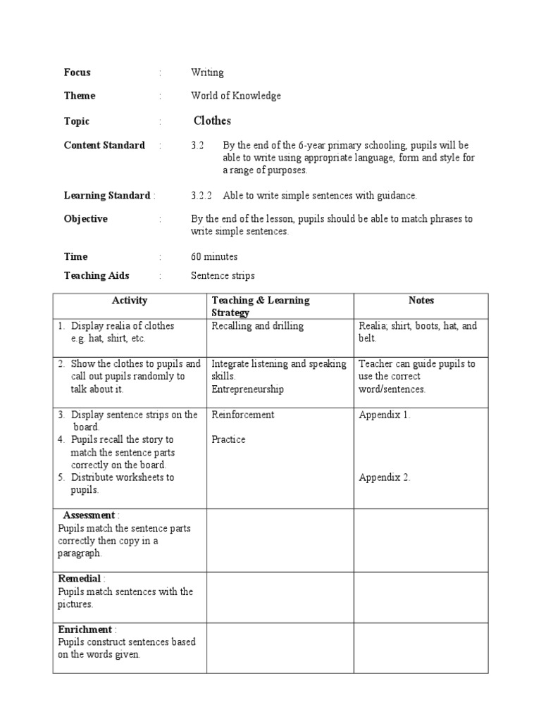 Clothes: Focus Theme Topic Content Standard | PDF