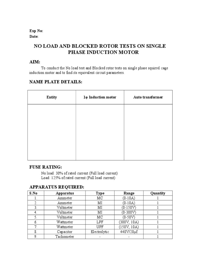 No Load and Blocked Rotor Tests On Single Phase Induction Motor | PDF ...