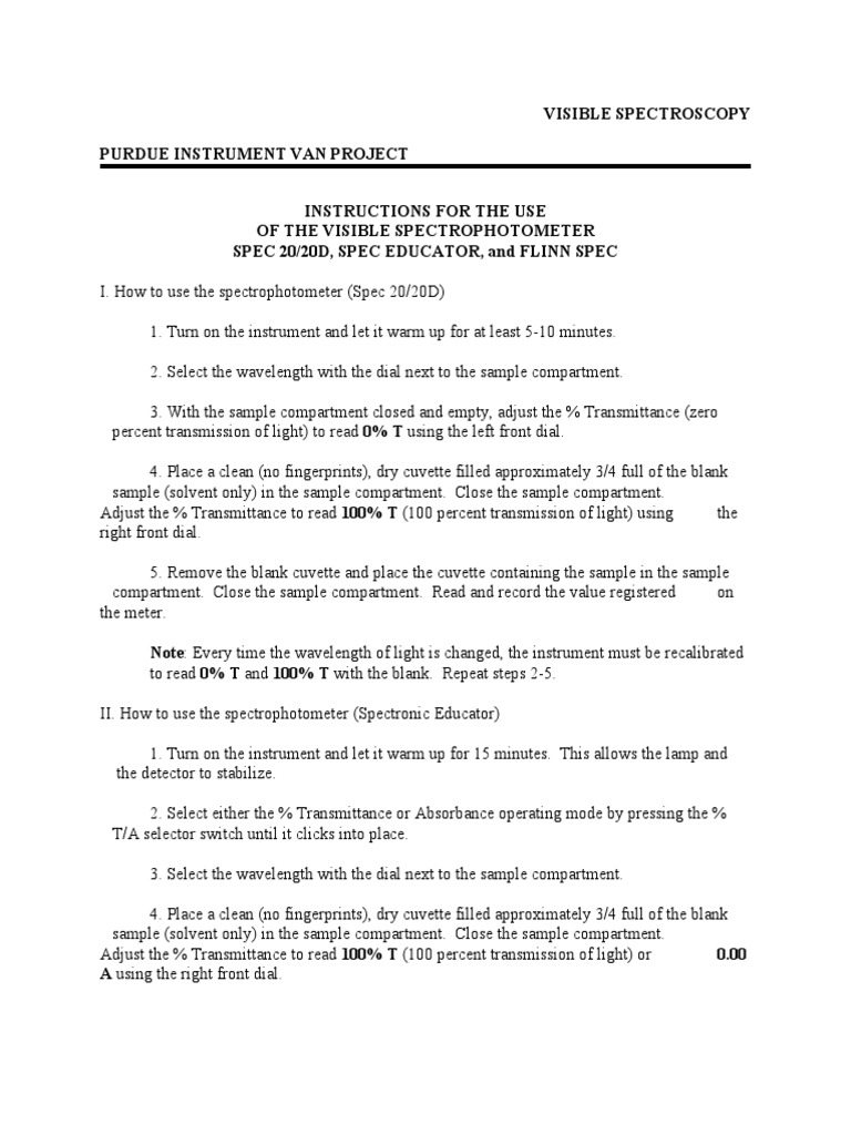 Instructions for the Proper Use and Calibration of Three Visible Spectrophotometers: The Spec 20 ...