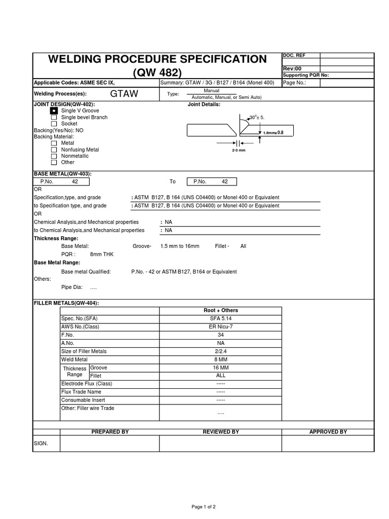 Wps Gtaw Monel b127 b164 | PDF | Welding | Construction