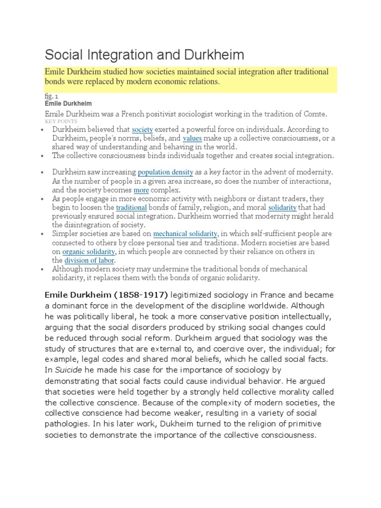 Social Integration and Durkheim | Émile Durkheim | Behavioural Sciences