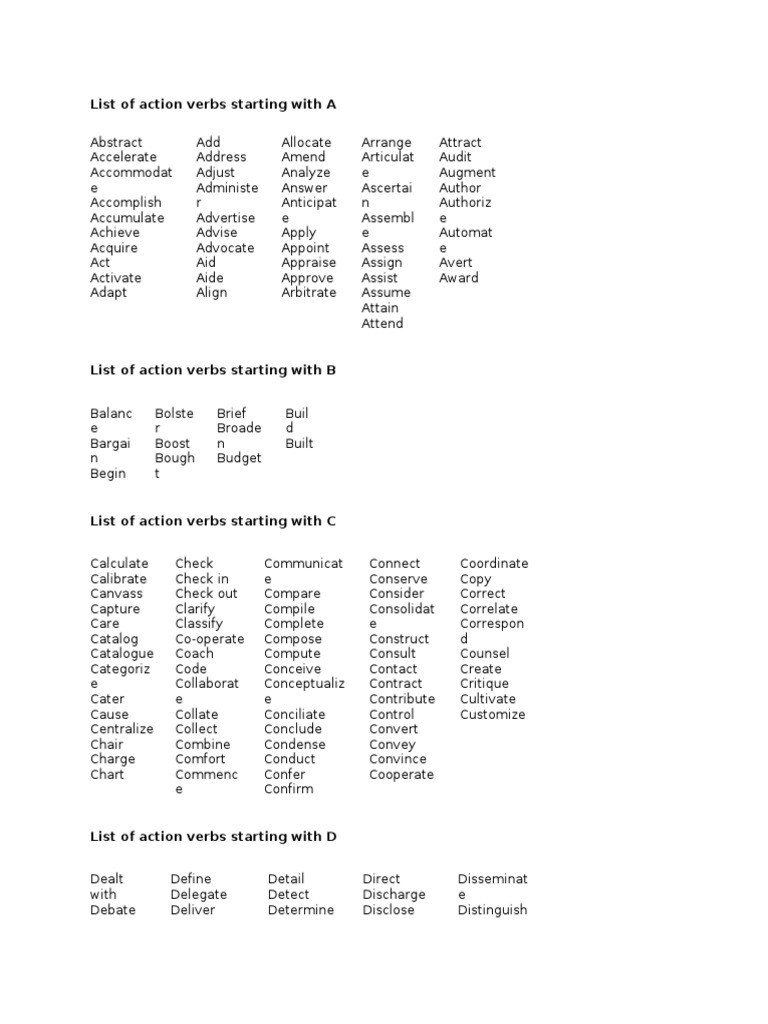 Comprehensive List of Action Verbs Categorized by Starting Letter | PDF ...