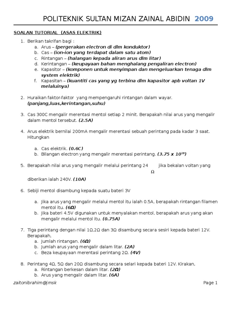 Soalan Tutorial (Asas Elektrik) | PDF
