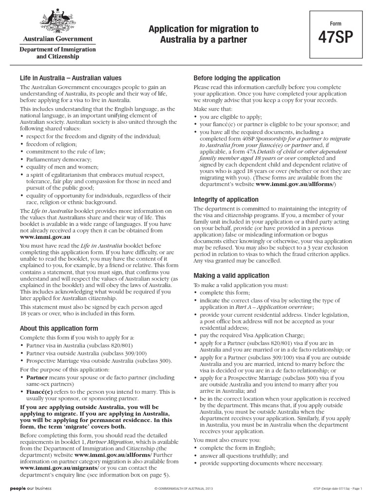 Australian Visa Form 47sp | PDF | Travel Visa | Cheque