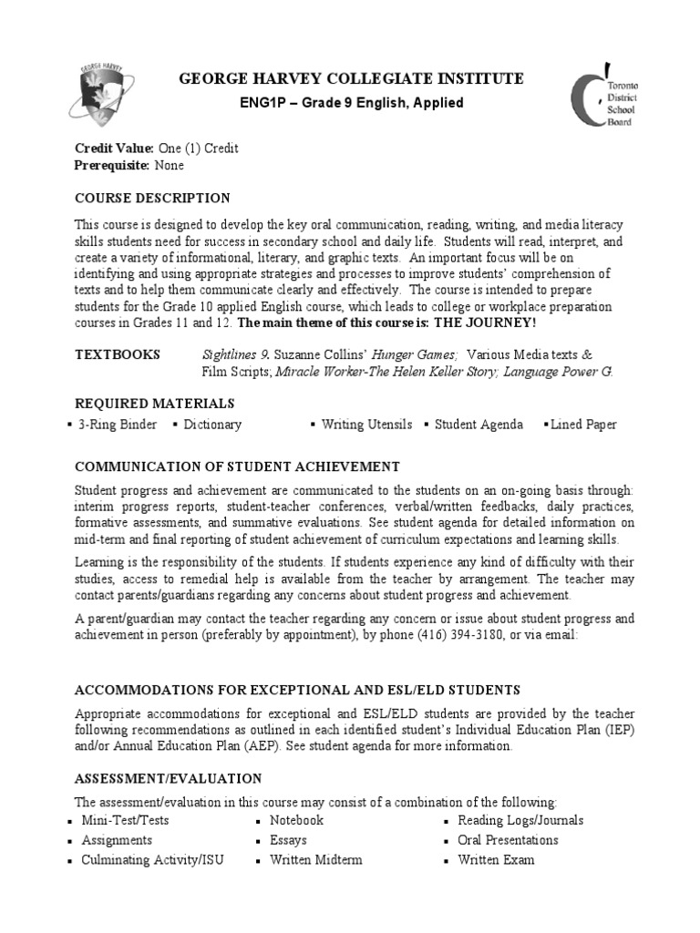 ENG1P Grade 9 English Course Outline | PDF | Sharing | Teaching