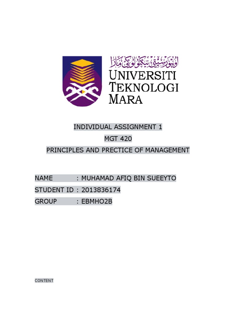 Individual Assignment 1 MGT 420 Principles and Prectice of Management ...