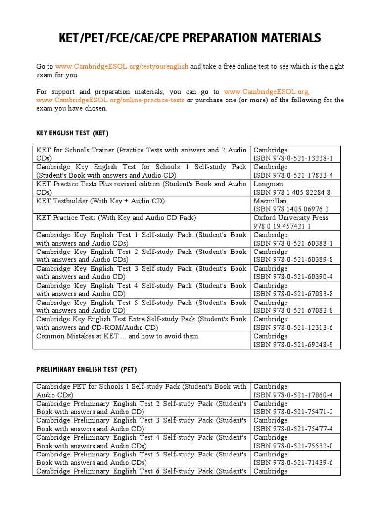Ket/Pet/Fce/Cae/Cpe Preparation Materials: Key English Test (Ket) | PDF ...