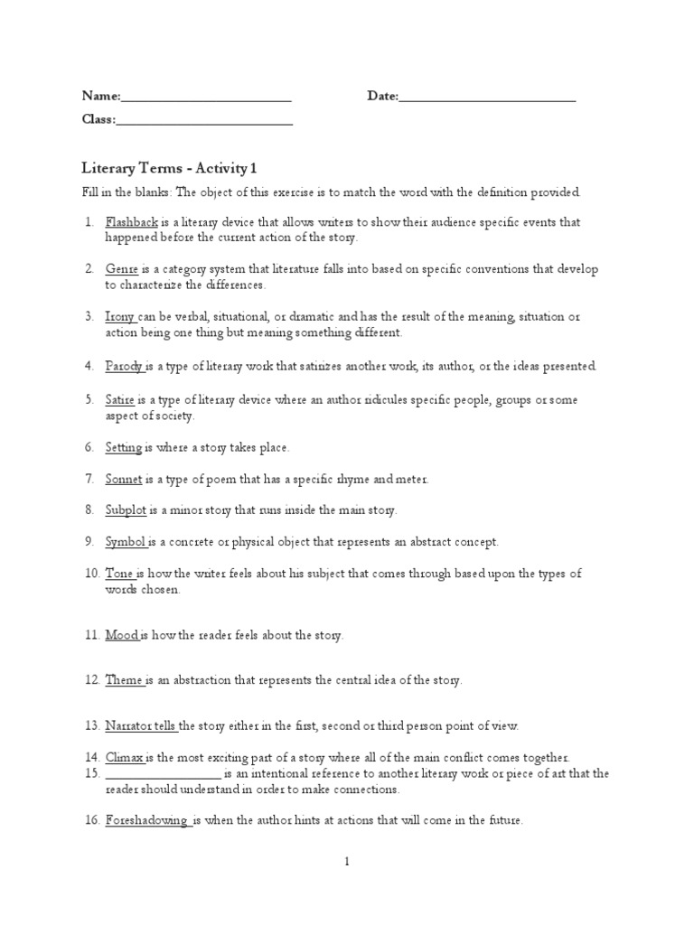 Literary Terms Worksheet Activity | PDF | Narrative | Narration
