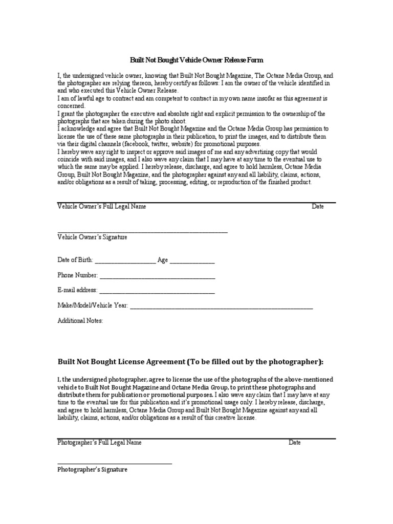 Vehicle Owner Release Form | PDF | Photographer | Photograph