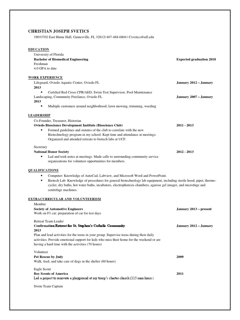 Freshman Uf Resume For Career Showcase | PDF