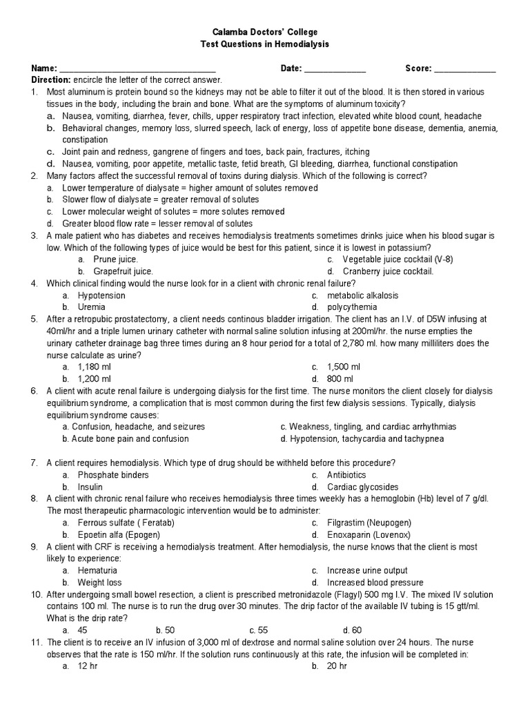 Calamba Doctors' College Test Questions in Hemodialysis Name: - Date ...