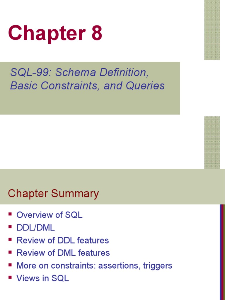 SQL-99: Schema Definition, Basic Constraints, and Queries | PDF | Relational Database | Sql