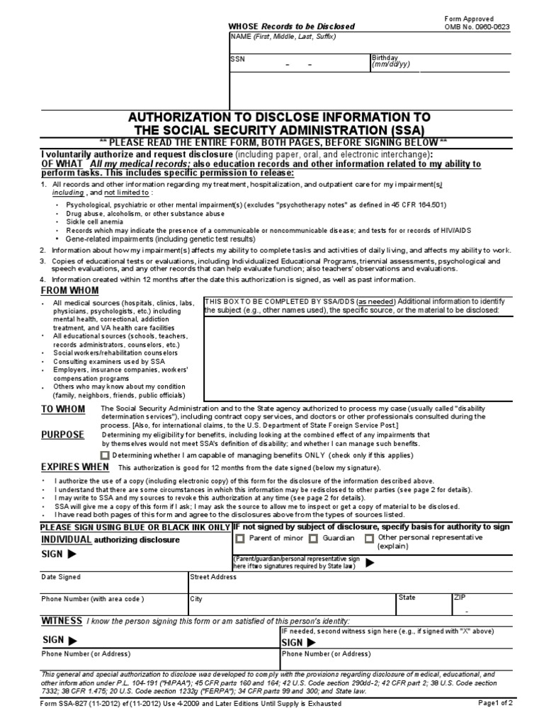 SSA-827 Medical Release Authorization | PDF | Social Science
