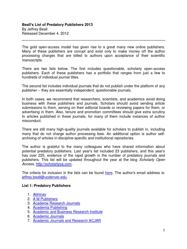 Beall's List of Predatory Publishers 2013: Access | PDF | Open Access ...