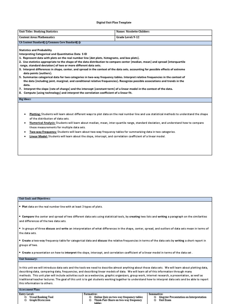 Digital Unit Plan Template-1 | PDF | Correlation And Dependence ...