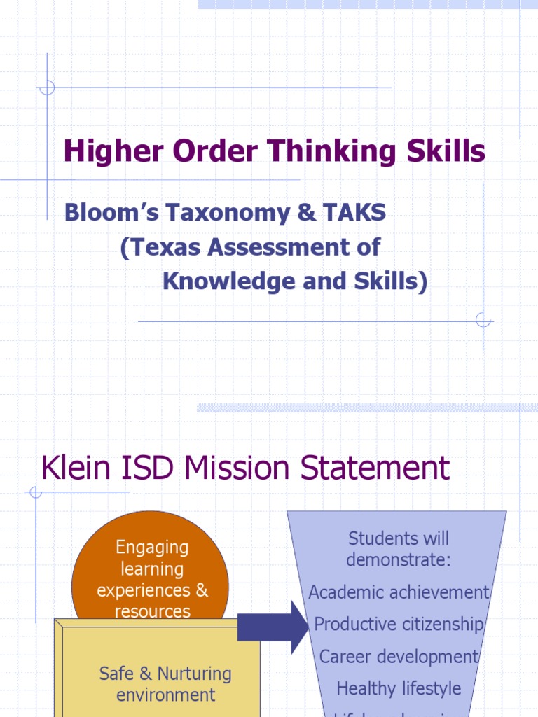 Higher Order Thinking Skills: Bloom's Taxonomy & TAKS (Texas Assessment ...