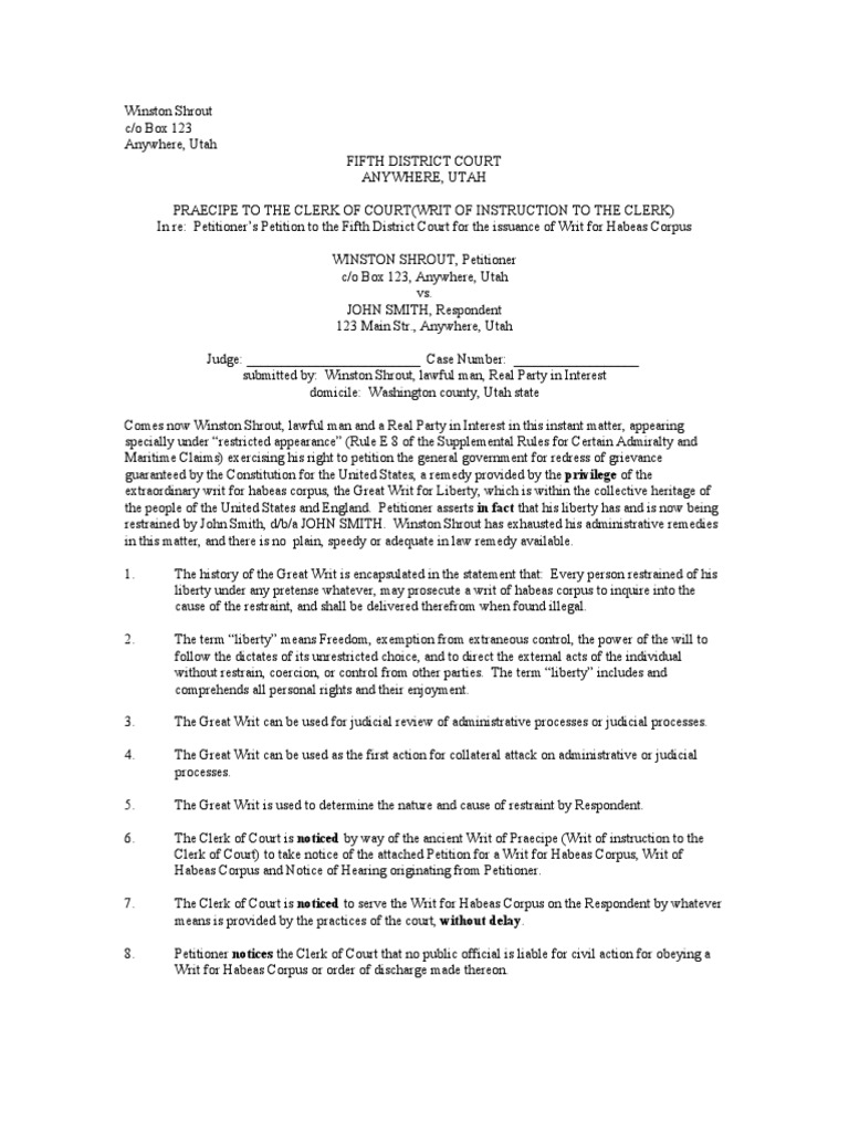 Writ of Praecipe Generic | Habeas Corpus | Jurisprudence