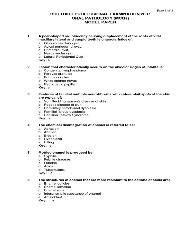 Oral Pathology MCQs Model Paper 2007 | PDF