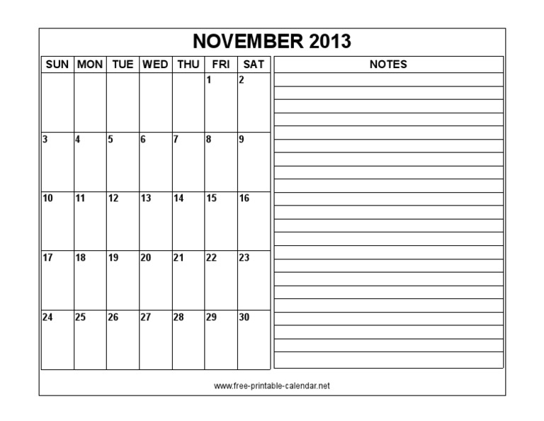 November 2013: Sun Mon Tue Wed Thu FRI SAT Notes | PDF