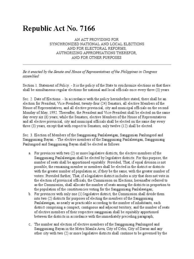 RA 7166: Synchronized Elections Law | PDF | Police | Elections