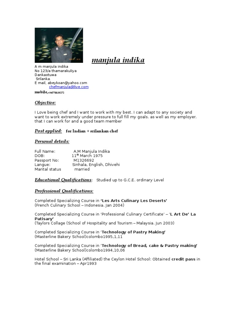 Manjula CV New Create For Indian Chef | PDF | Chef | Resort