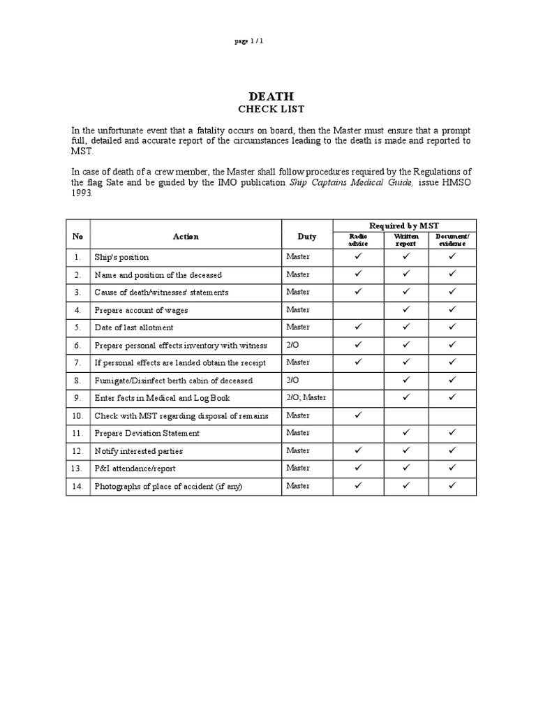 Death Onboard: Master’s Checklist | PDF
