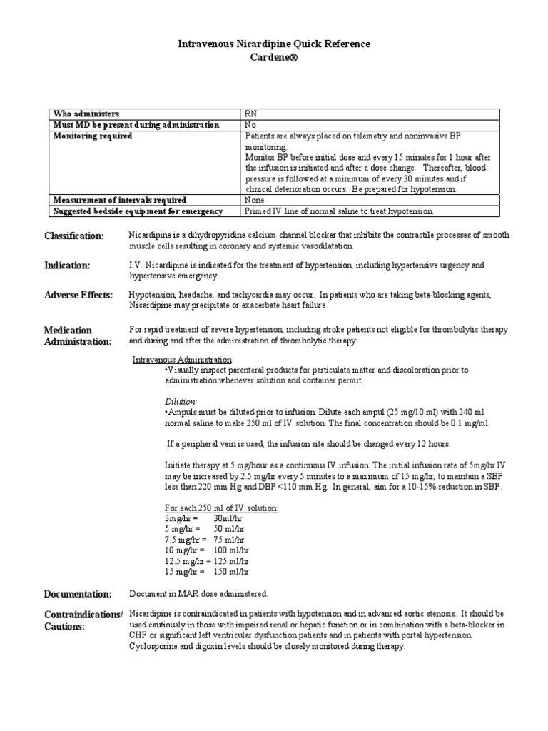Cardene IV quick reference | PDF | Intravenous Therapy | Hypertension