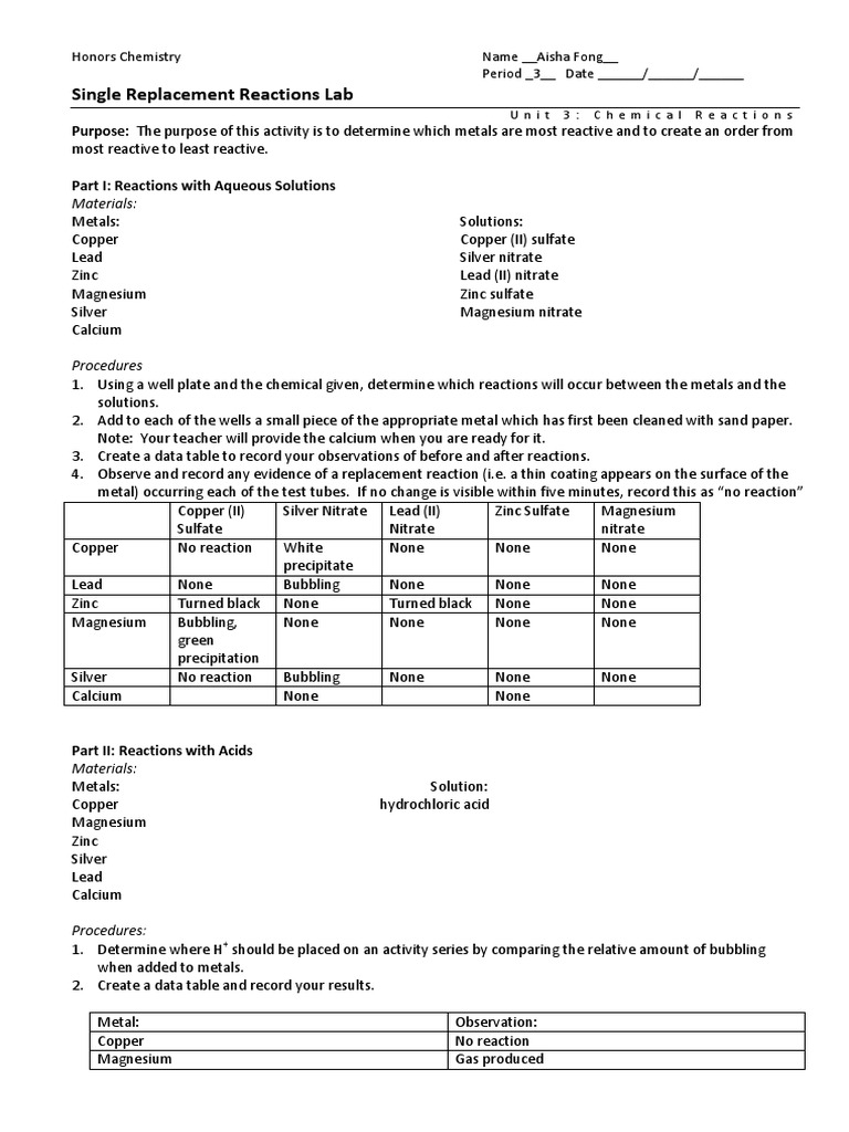 Single Replacement Reactions Lab Report | PDF | Zinc | Lead