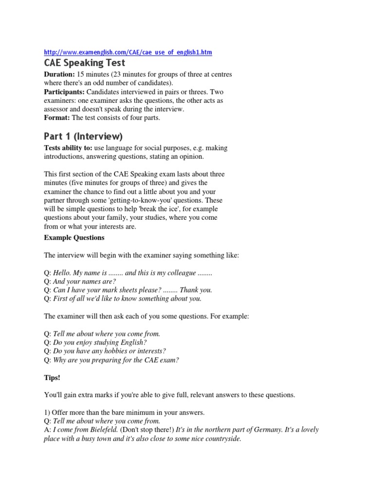 CAE Speaking Exam Part 1 | PDF | Question | Test (Assessment)